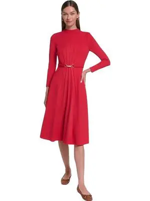 Halston Long Sleeve Knit Midi Dress With Hardware Detail - Lava