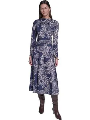 Halston Long Sleeve Paisley Printed Jersey Midi Dress - Navy Multi