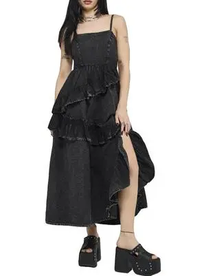DISTURBIA Corvina Fitted Bodice Ruffled Midi Dress - Black
