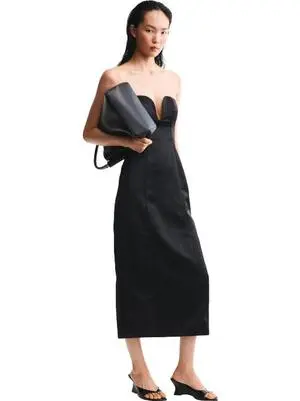 H&M Fitted Bandeau Midi Dress With Sweetheart Neckline And Slit - Black