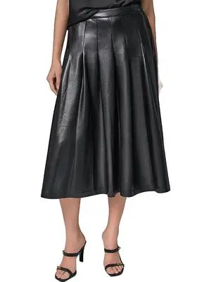 Donna Karan New York Faux Leather Pleated Midi Skirt - Black