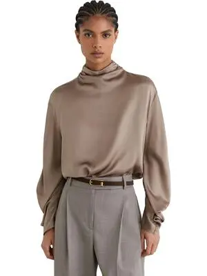 REISS Reiss Meena Silk High-Neck Blouse Neutral