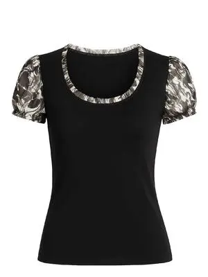 CONQUISTA Viscose Jersey Top With Printed Puff Sleeves And Ruffled Neckline - Black