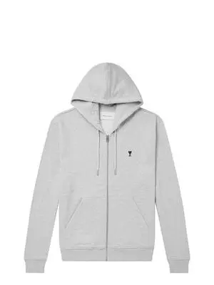 AMI Paris Logo-embroidered Cotton-jersey Zip-up Hoodie - Gray