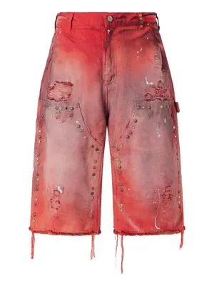 SATOSHI NAKAMOTO Straight-leg Embellished Distressed Denim Shorts - Red