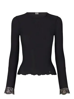 Saint Laurent Lace-trimmed Ribbed-knit Silk T-shirt - Black