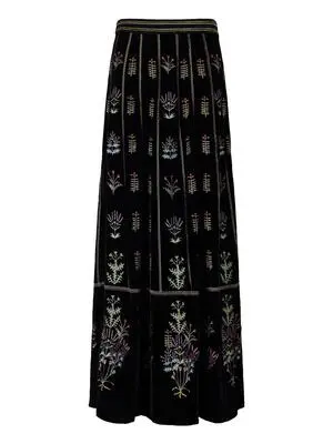 EMPORIO SIRENUSE Camille Agra Embroidered Velvet Midi Skirt - Black