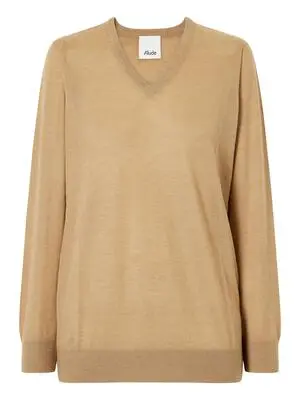 ALLUDE V-neck Cashmere Sweater With Ribbed Trim - Camel