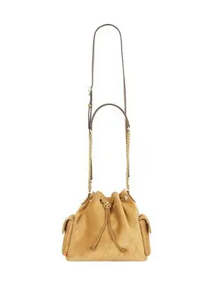 Tory Burch Charlie Quilted Suede Drawstring Shoulder Bag In Tan - Toffee