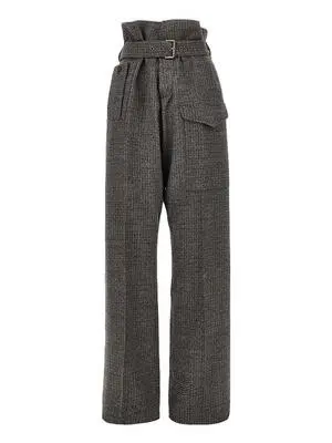 Etro ETRO Check Wool Belted High-Rise Wide-Leg Trousers Grey