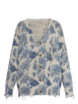 R13 Floral Print Distressed Cardigan - Blue