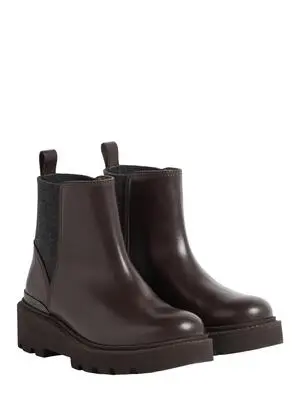 Brunello Cucinelli Brunello Cucinelli Matte Calfskin And Stretch Virgin Wool Chelsea Boots With Monili Rust-brown