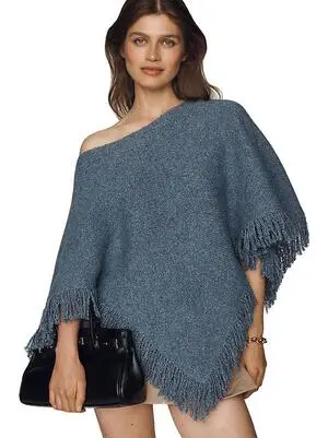 Anthropologie Knit Fringe Triangle Poncho - Medium Denim