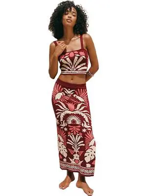CELANDINE Botanical Print Knit Midi Skirt - Pink Pattern
