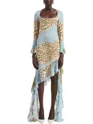 Nina Ricci Leopard Print Polka Dot Square Neck Midi Dress - Blue