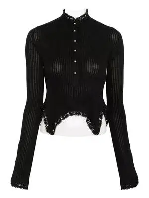 ANN DEMEULEMEESTER Lace-trimmed Ribbed High-neck Top - Black