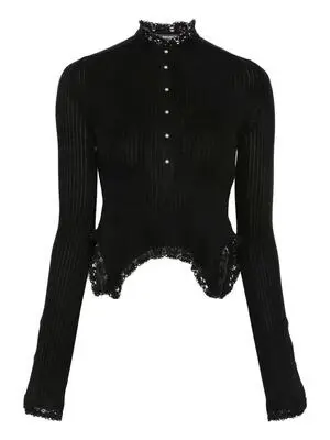 ANN DEMEULEMEESTER Lace-trimmed Ribbed High-neck Top - Black