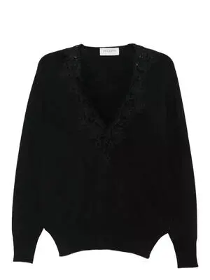 ERMANNO FIRENZE Lace-trim V-neck Sweatshirt - Black