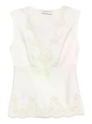 ERMANNO FIRENZE Lace-trimmed Satin V-neck Sleeveless Top - Neutrals