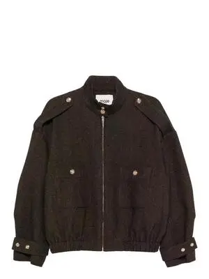Maje Herringbone Pattern Stand-up Collar Zip-up Jacket - Brown