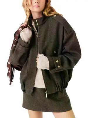 MAJE Maje Herringbone Pattern Stand-Up Collar Zip-Up Jacket