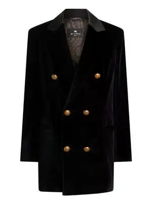Etro Long Double-breasted Stretch Cotton Velvet Jacket - Black