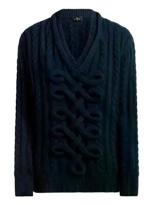 Etro Ribbed Wool-blend Sweater With Woven Detailing - Blue