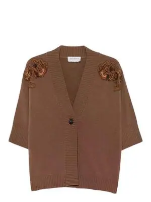 ERMANNO FIRENZE Floral Appliqué V-neck Cardigan - Brown