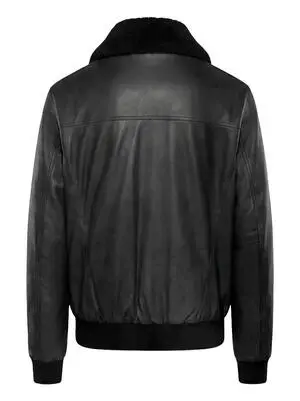 MOORER Shearling Collar Leather Bomber Jacket - Black