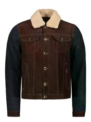 MOORER Shearling Collar Panelled Denim Jacket - Brown