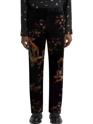 Etro Straight-leg Cotton Velvet Trousers With Placed Flower And Animal Print - Black