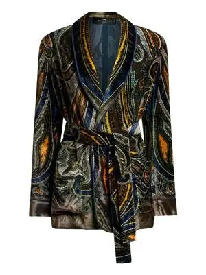 Etro Velvet Jacket With Paisley Motif And Belt - Brown