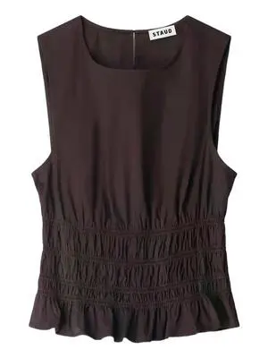 Staud Culver Shirred Ruffled Top Brown