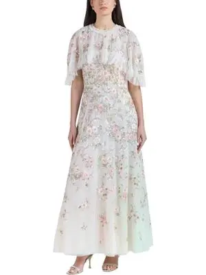 NEEDLE & THREAD Eden Floral Embroidered Ruffled Maxi Dress - White