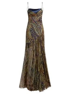 Etro ETRO Long Silk Paisley Print Maxi Dress With Draping Brown