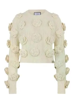 PHILIPP PLEIN Philipp Plein Cream Cable Knit Rose Appliqué Pullover