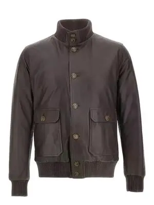 BARBA NAPOLI Vermont Leather Ribbed-knit Trim Jacket - Brown