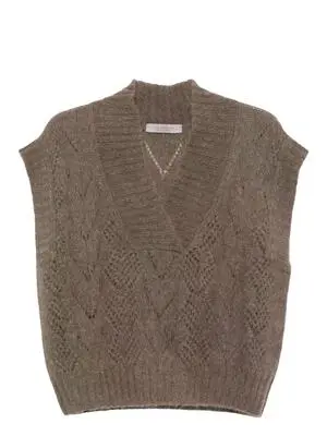 D.exterior Sleeveless V-neck Pointelle Knit Sweater - Brown