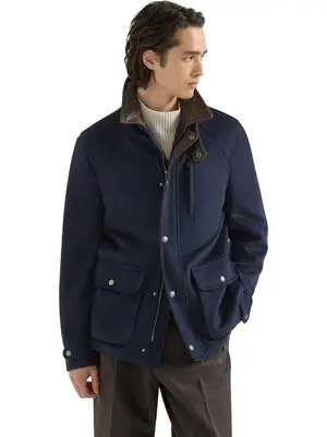 Brunello Cucinelli Virgin Wool Cloth Field Jacket With Nappa Leather Inserts - Blue