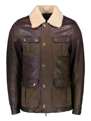 MOORER Padded Shearling Collar Jacket - Brown