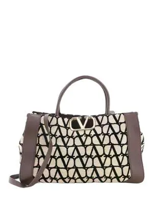 Valentino Garavani Vlogo Shopper Toile Iconograph Fabric With Leather Small Tote Bag - Brown