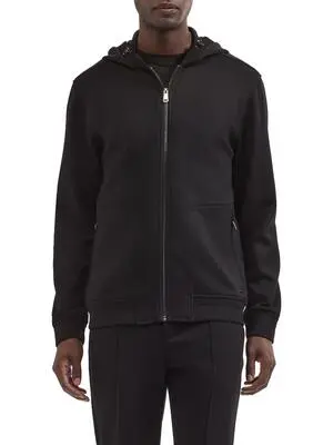 Bugatchi Soft Touch Full Zip Hoodie With Drawstring Hood And Zip Pockets - Black
