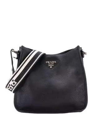 Prada Logo Strap Leather Medium Hobo Bag - Black
