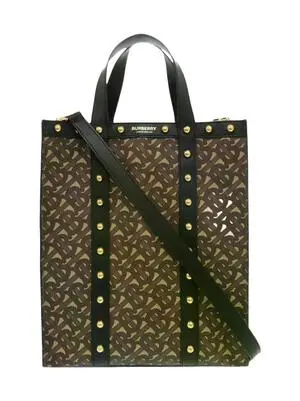 Burberry Monogram E Canvas And Studded Leather Vertical Tote Satchel - Brown