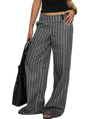 Princess Polly Cedars Stripe Low Rise Wide Leg Pants - Grey Stripe