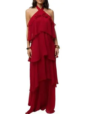 JLUXLABEL Halterneck Tiered Ruffle Maxi Dress - Red