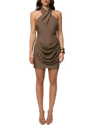 JLUXLABEL Halterneck Ruched Mini Dress With Tie Neck - Brown