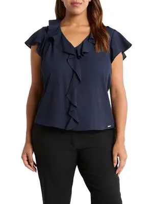 TAHARI ASL Ruffle Front V-neck Top - New Navy