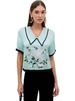 Rixo Nicolina Frida Embroidery Mist Top - Blue