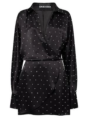 DAVID KOMA David Koma Star-Embellished Wrap-Front Satin Mini Shirt Dress